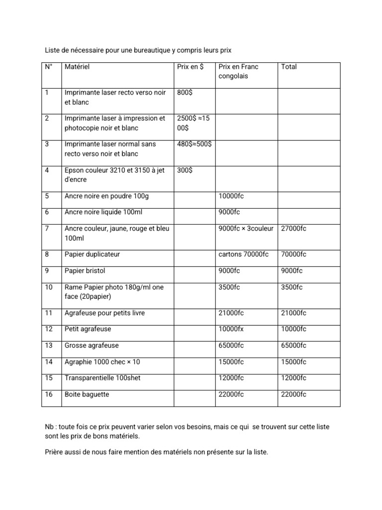Liste Matériel Bureautique | PDF