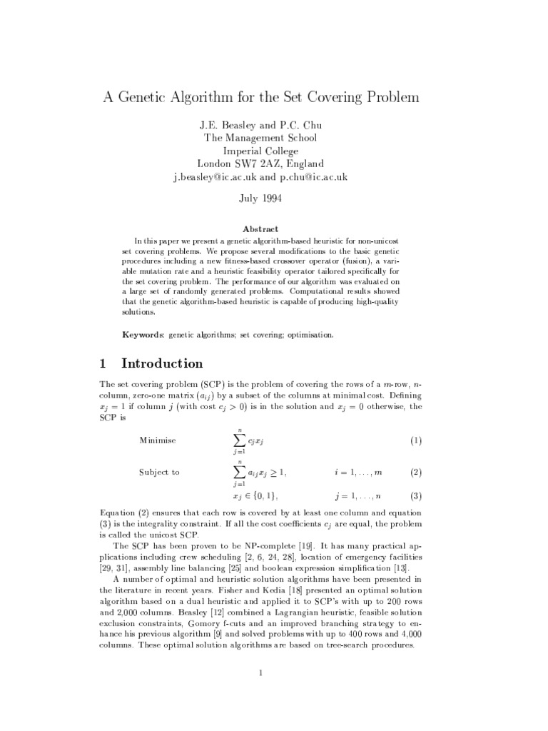 A Genetic Algorithm For The Set Covering | PDF