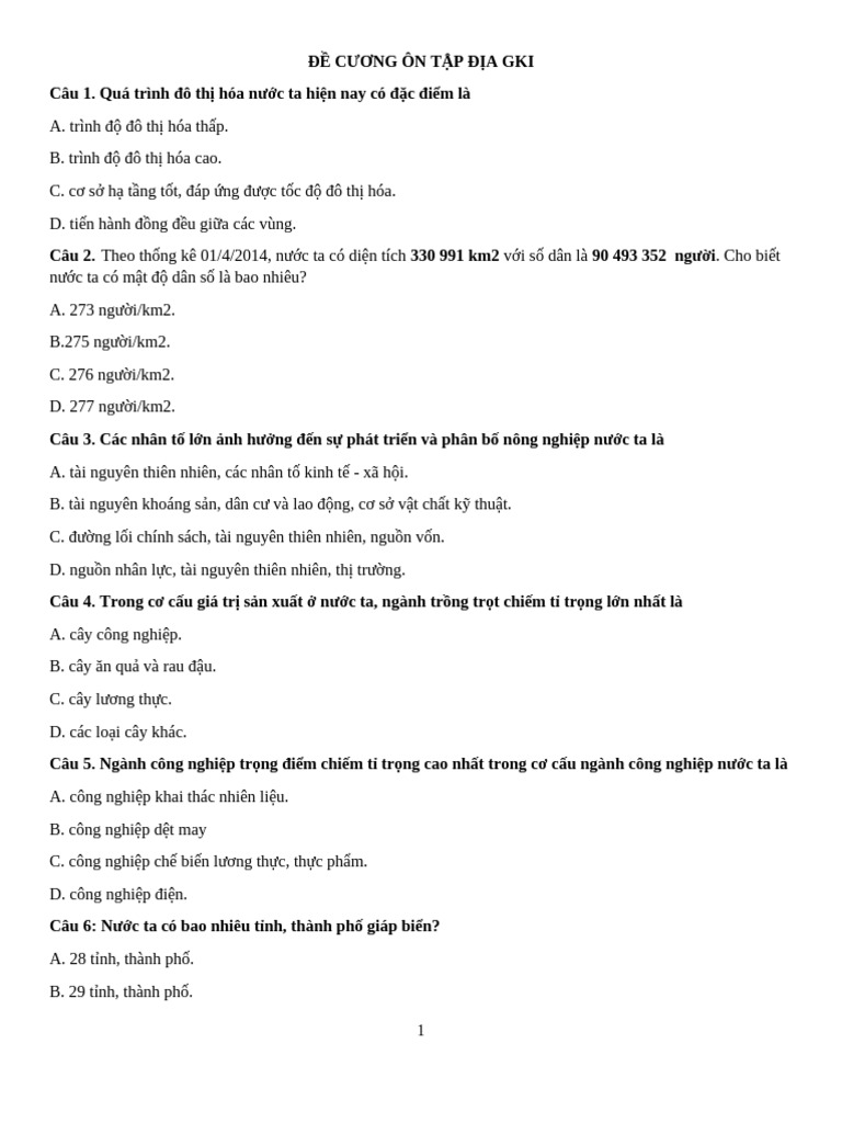 ĐỀ CƯƠNG ÔN TẬP ĐỊA GKI | PDF