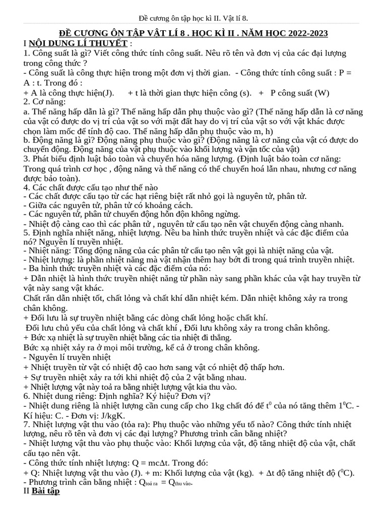 De Cuong On Tap HK2 Vat Ly 8 | PDF