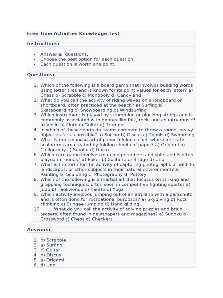 Free Time Activities Knowledge Test | PDF