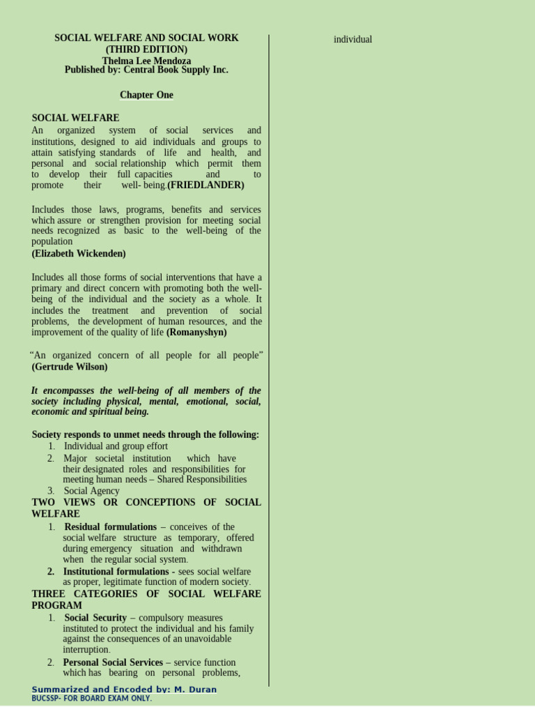 Orange Book Summary Social Welfare and Social Work 1 1 1 | PDF