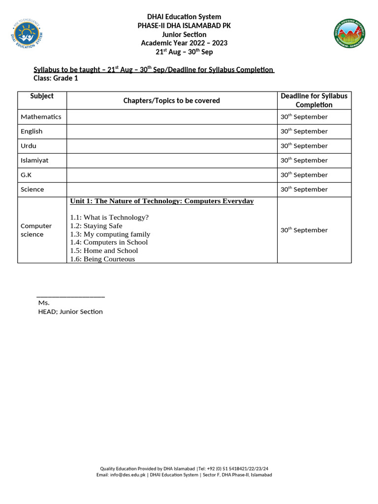 Grade 1 Syllabus Break-Up (Aug-Sep) | PDF