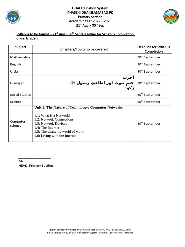 Grade 5 Syllabus Break-Up (Aug-Sep) | PDF