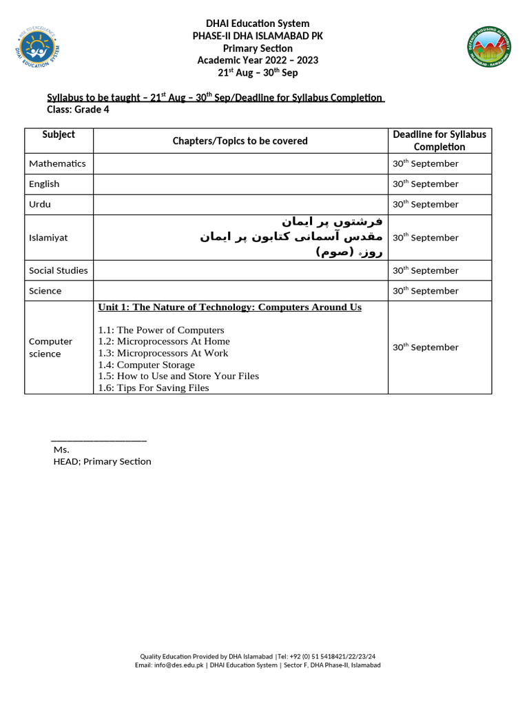 Grade 4 Syllabus Break-Up (Aug-Sep) | PDF