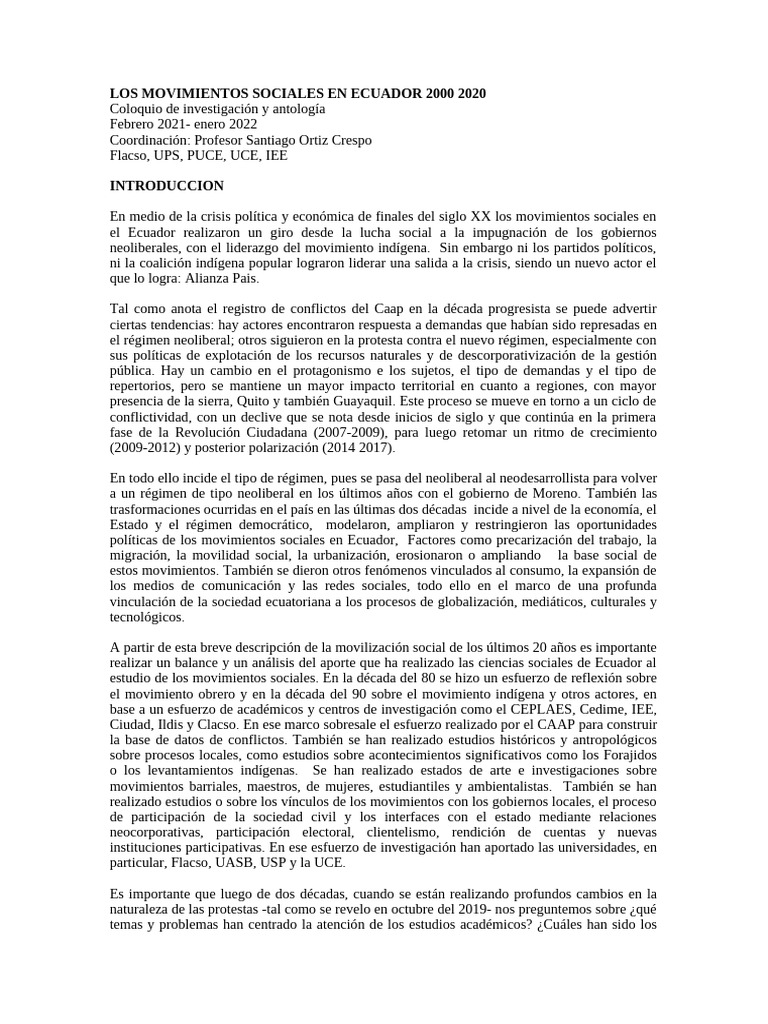 Proyecto Coloquio Movimientos Sociales 22 3 2021 | PDF