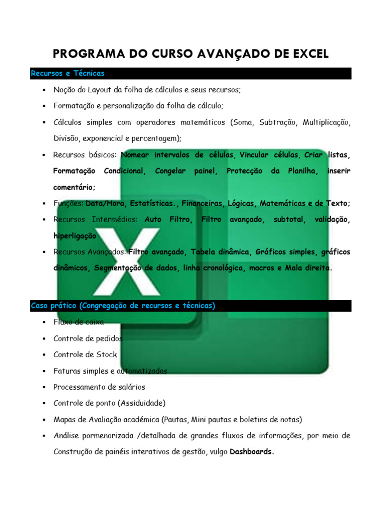 Programa Do Curso Avançado de Excel | PDF