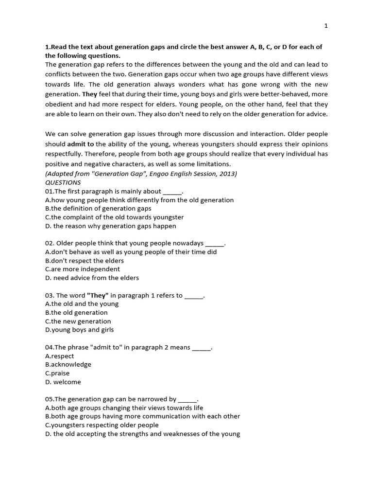 1.read The Text About Generation Gaps and Circle The Best Answer A, B, C, or D For Each of The ...