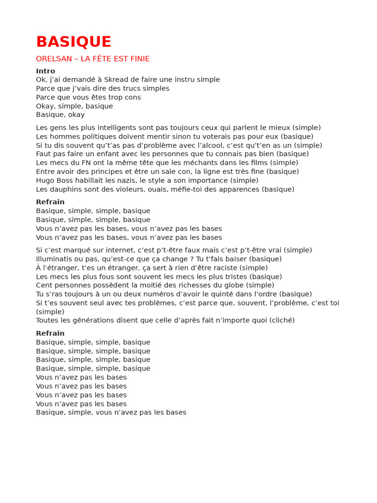 Orelsan - Paroles - Basique | PDF