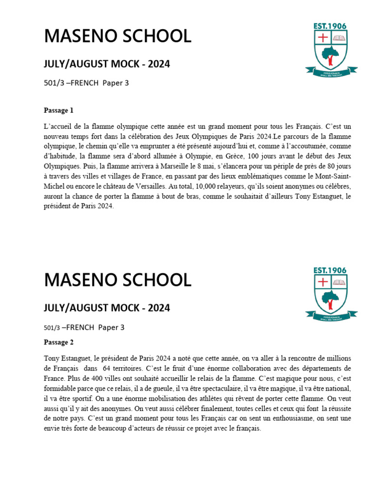 2024 Maseno Mock FRENCH PAPER 3 MOCK 2024 | PDF