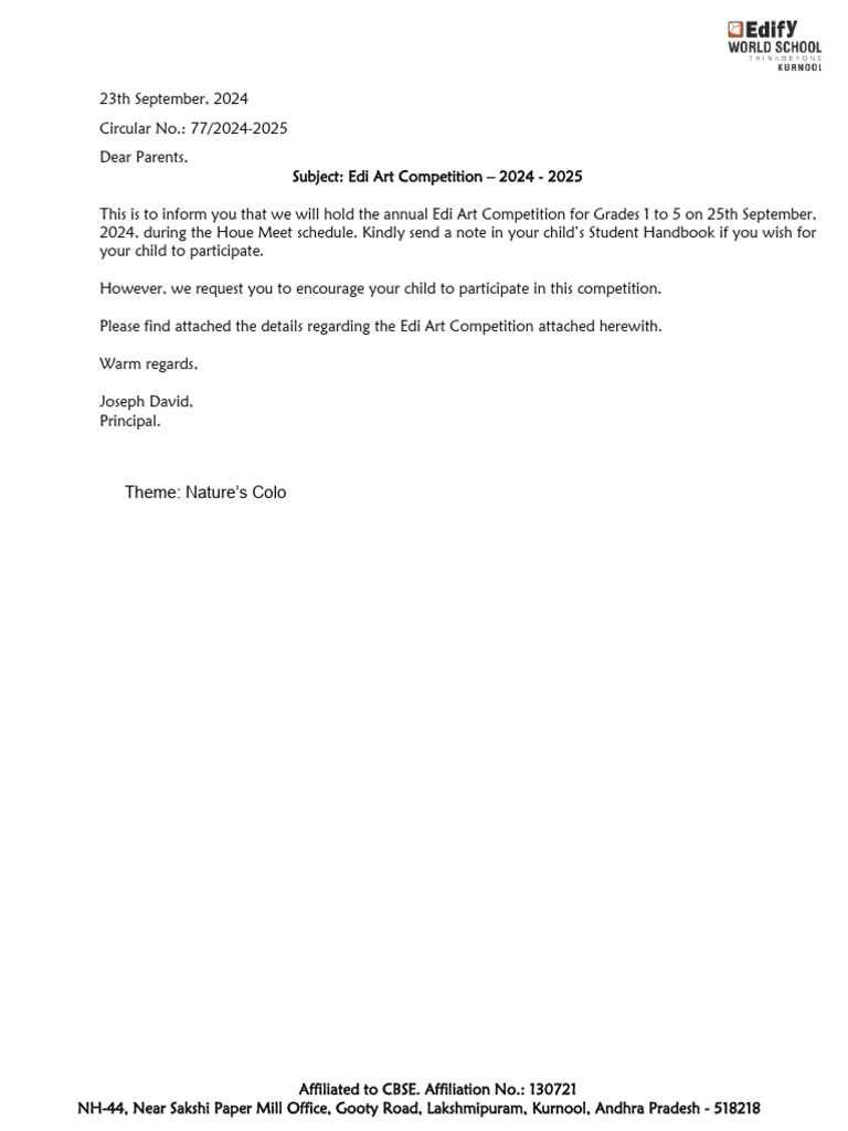 Circular 77 - Edi Art Competition Grades 1 To 5 - 2024 - 2025 | PDF