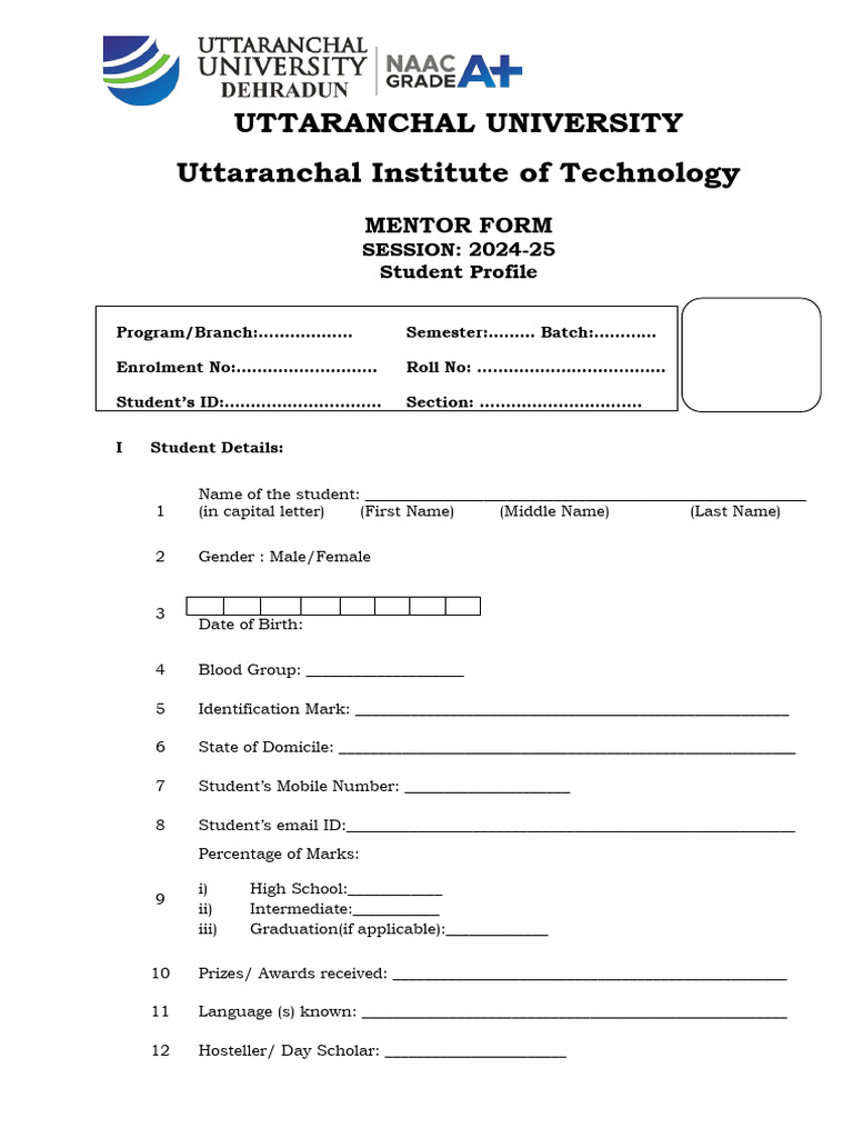 Mentor-Mentee Form UIT 2024-25 | PDF