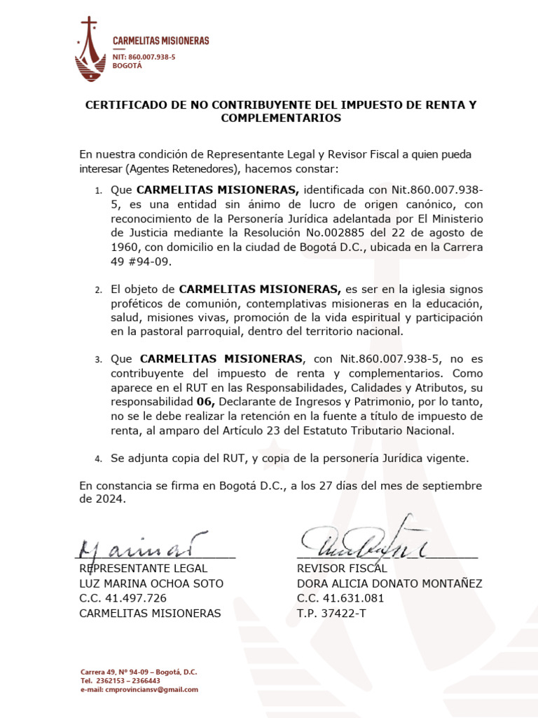 Certificado de No Contribuyente Del Impuesto de Renta y Complementarios | PDF
