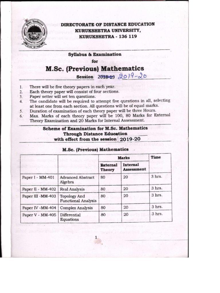 KUK M.Sc. Mathematics First Year Syllabus | PDF