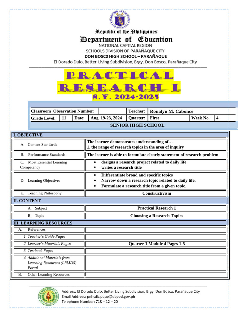 Choosing Research Topics in Education | PDF | Learning | Lesson Plan