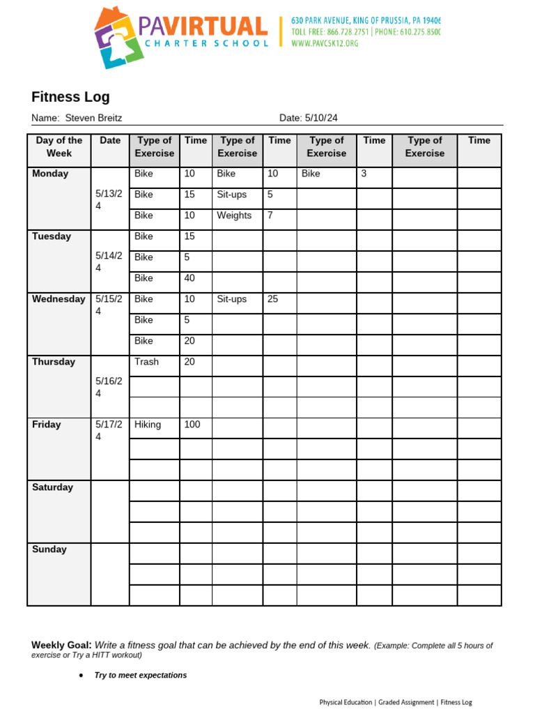 Fitness Log Document 2023-2024 | PDF