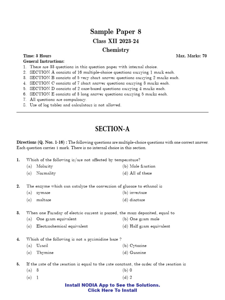 CH Sample Paper 8 Unsolved | PDF | Chemical Reactions | Organic Chemistry