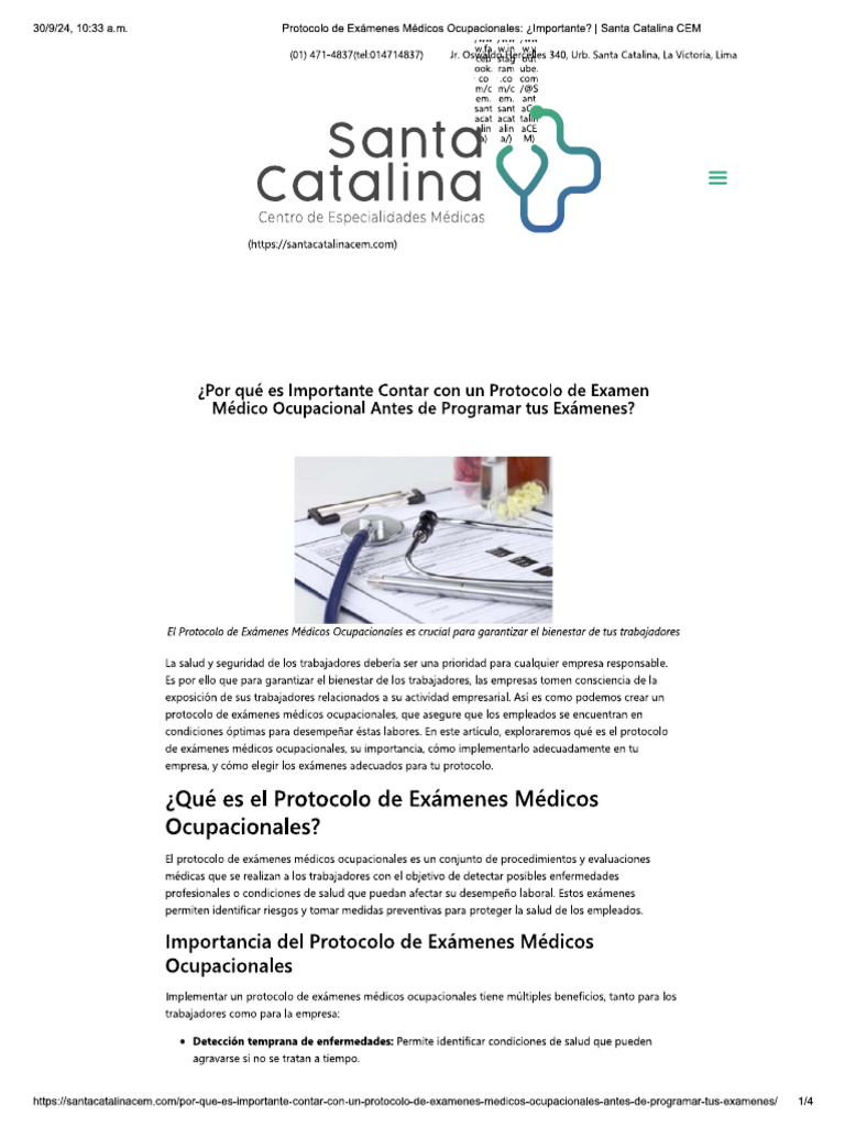 Protocolo de Exámenes Médicos Ocupacionales - ¿Importante - Santa Catalina CEM | PDF