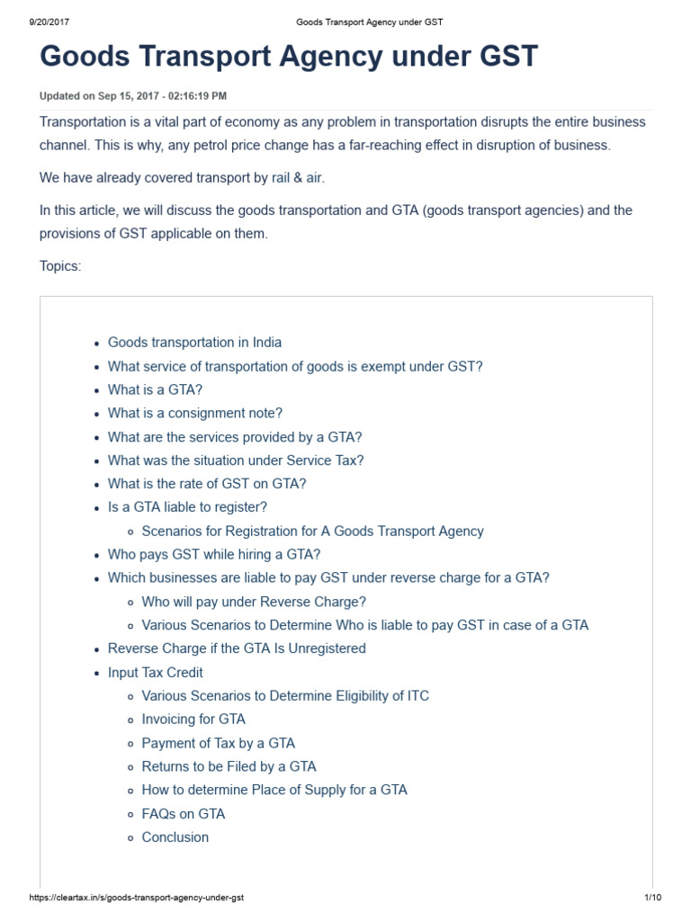 Goods Transport Agency Under GST | PDF | Value Added Tax | Bill Of Lading
