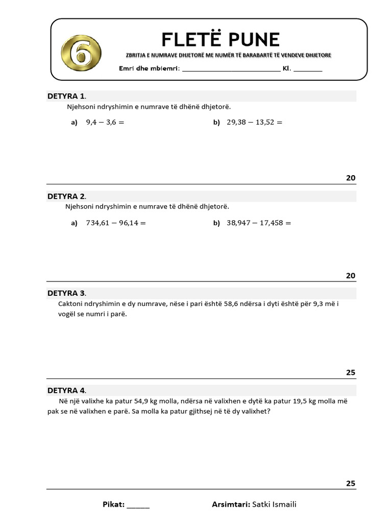122.flete Pune - Zbritja e Numrave Dhjetorë - Kl.6 | PDF