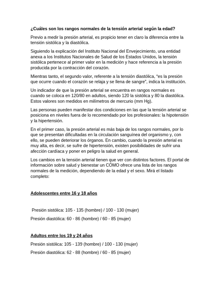 Cuáles Son Los Rangos Normales de La Tensión Arterial Según La Edad | PDF