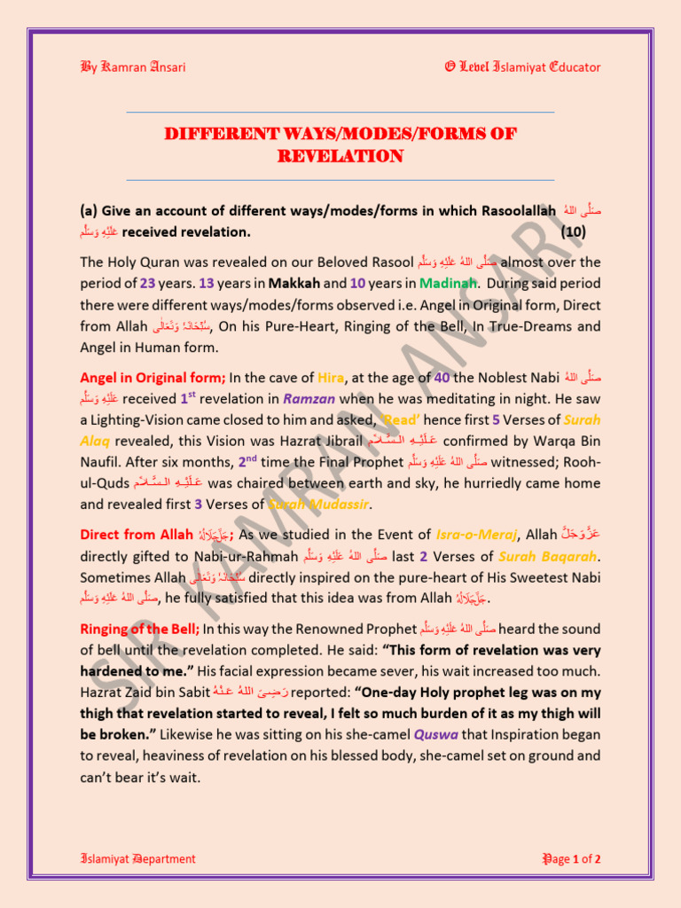 (S.C Different Ways, Modes, Form of Revelation of Holy Quran | PDF (S.C Different Ways, Modes, Form of Revelation of Holy Quran | PDF