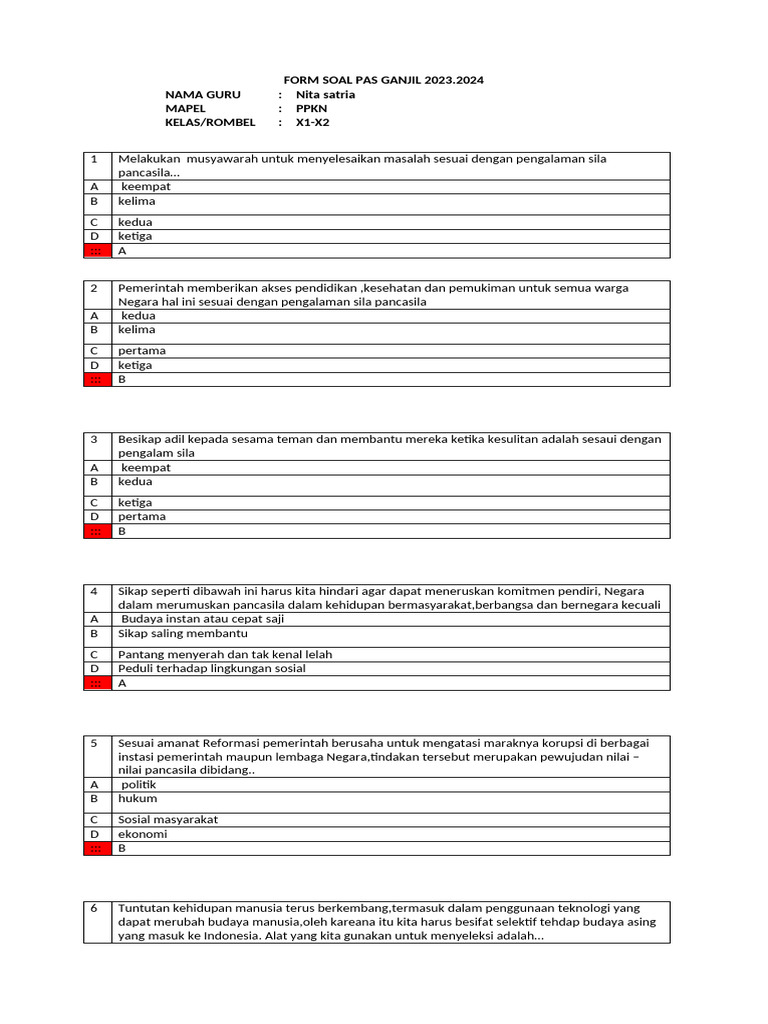 Form Soal Pas Ganjil 2023.2024 Ppkn-1 | PDF