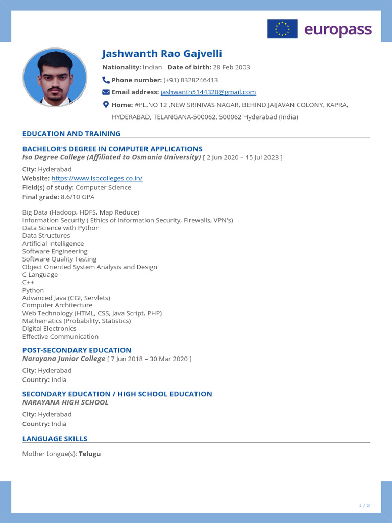 Europass CV - Jashwanth Rao Gajvelli | PDF