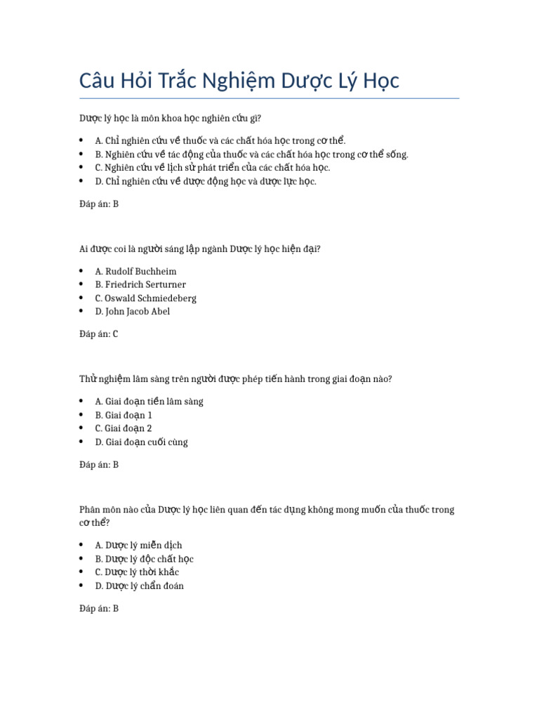 Cau Hoi Trac Nghiem Duoc Ly | PDF