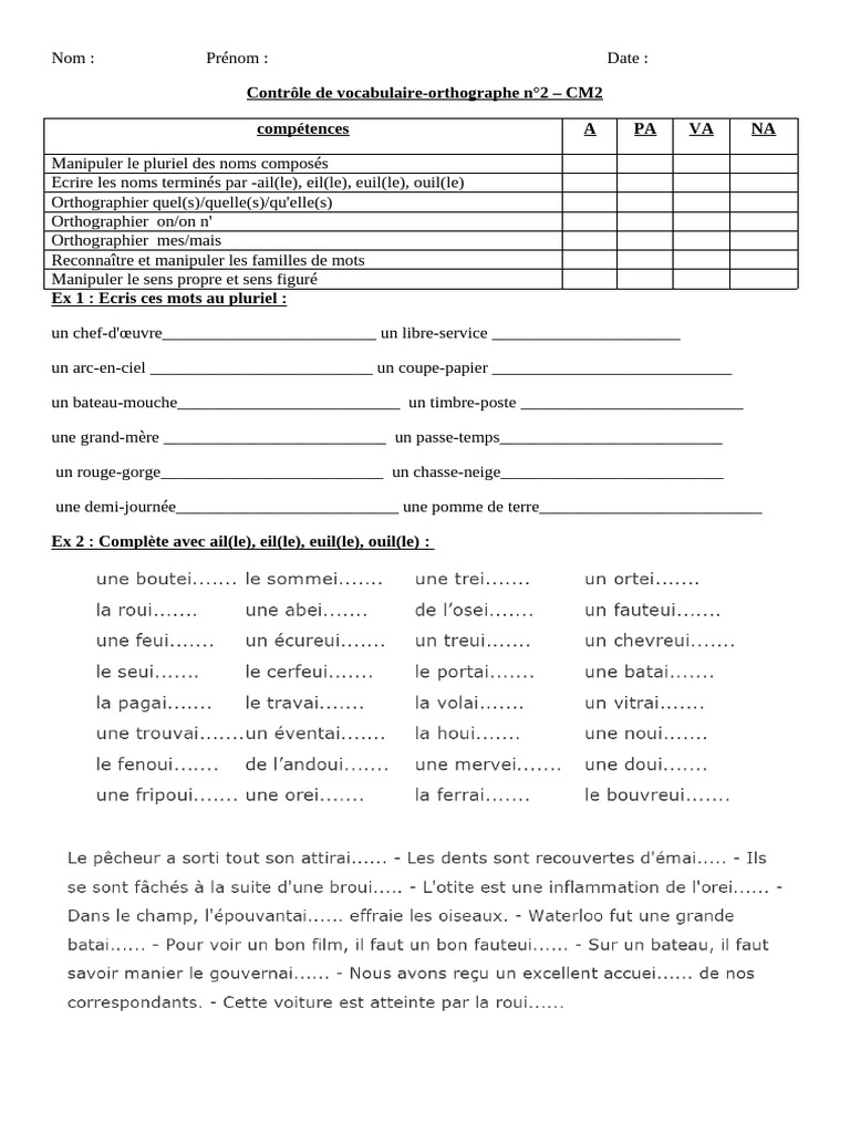 Controle Vocabulaire Orthographe cm2 p2 | PDF