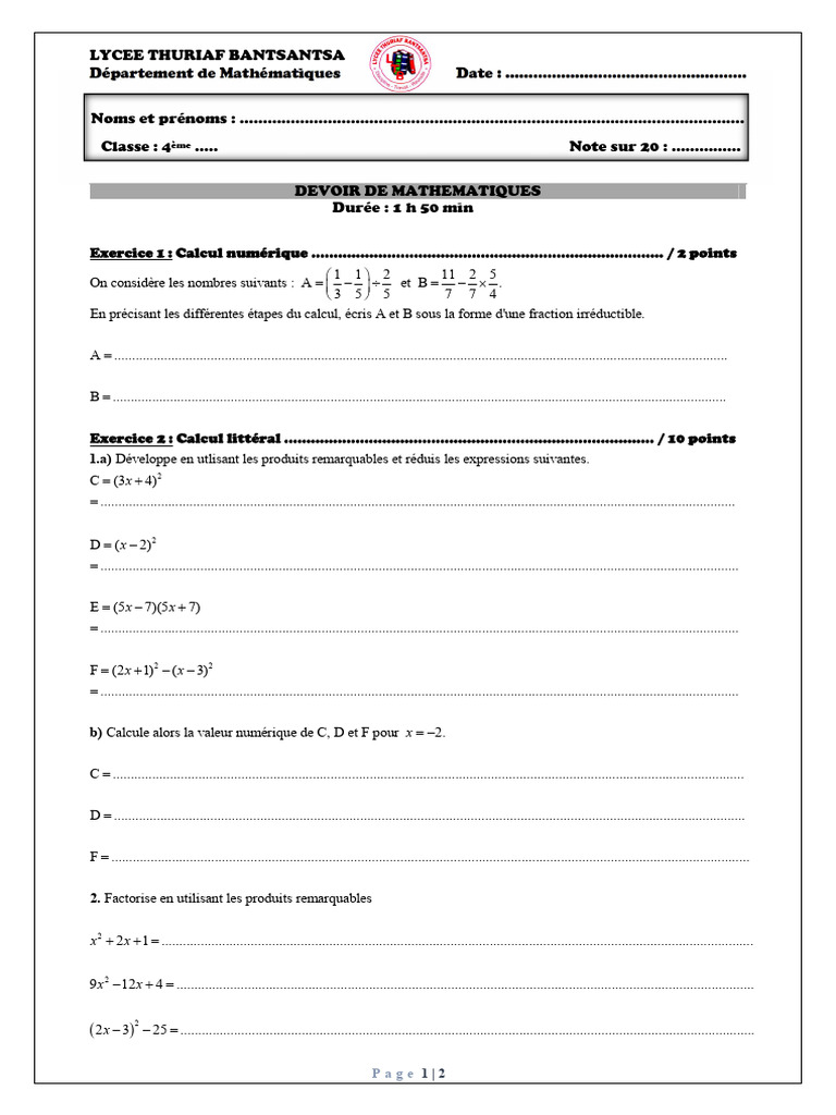 Devoir Niveau 4 Eme - Mai 2024 | PDF