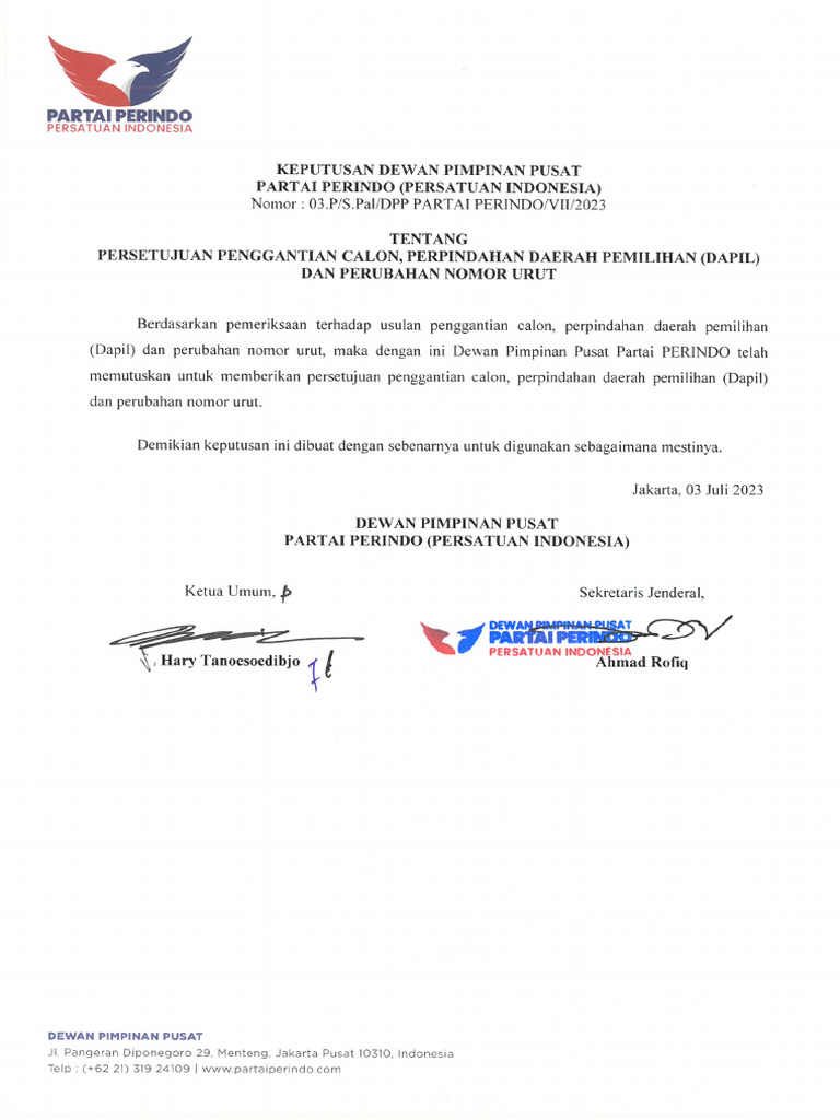 Surat Persetujuan DPP Pergantian Calon, Pindah Dapil Dan Perubahan Nomor Urut | PDF