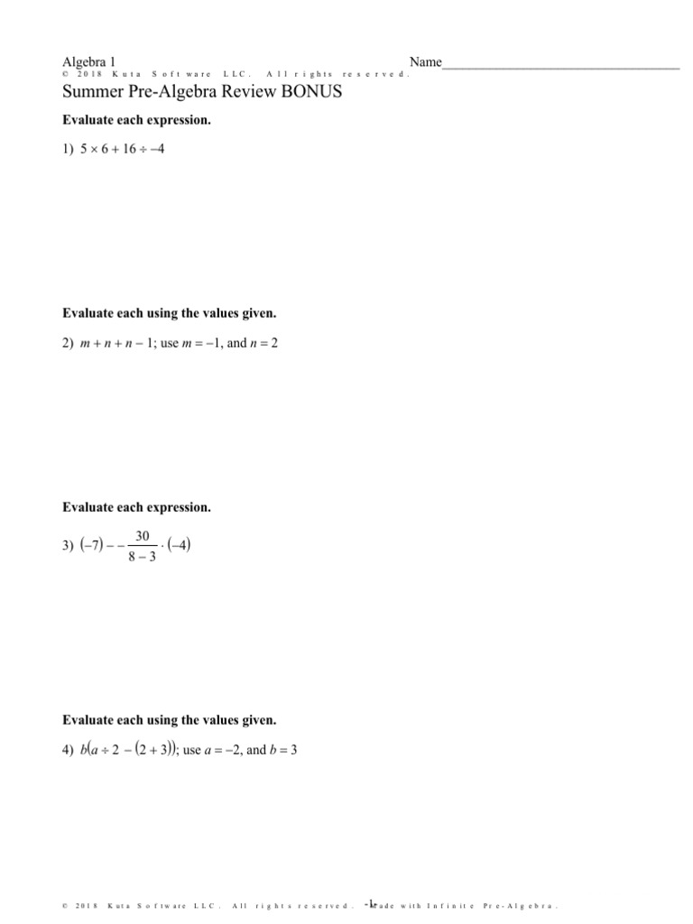ALG1 2018.summer Assessment Review (BONUS) | PDF