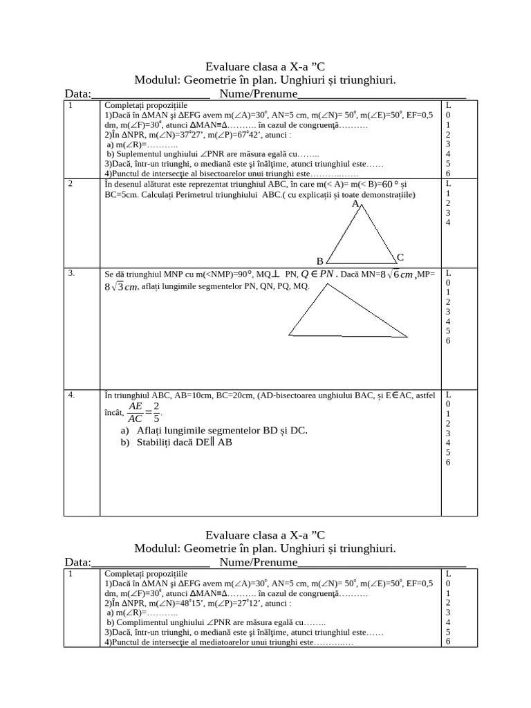 Evaluare Clasa A X GEOM 1 | PDF