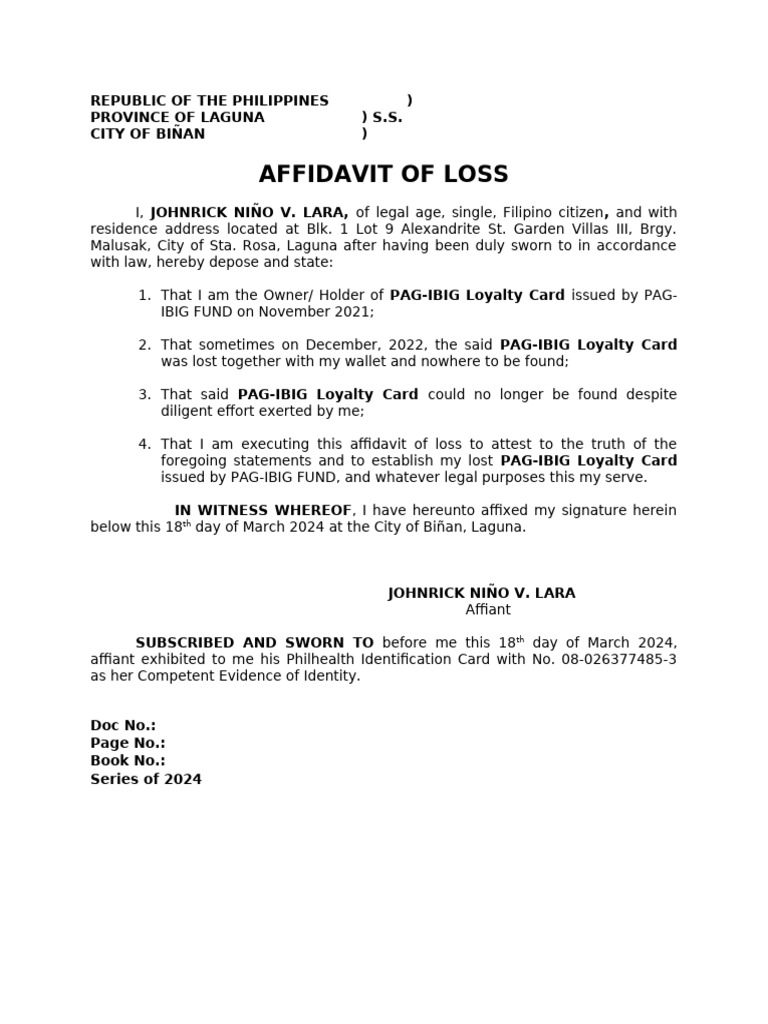 Affidavit of Loss Loyalty Card | PDF