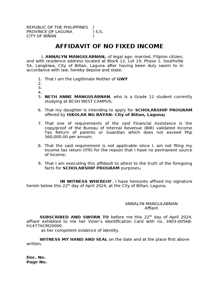 Affidavit of No Fix Income Iskolar NG Binan | PDF