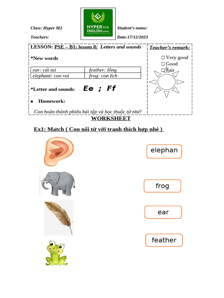 Ee ; Ff: Worksheet Ex1: Match (Con nối từ với tranh thích hợp nhé) | PDF