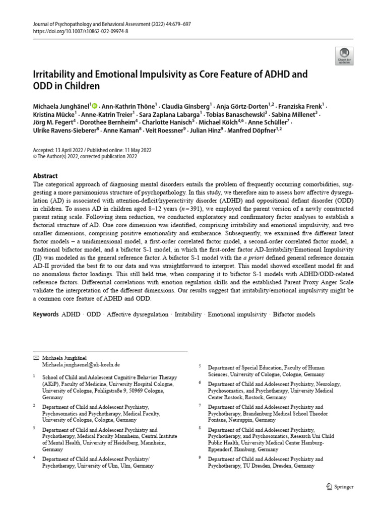 Irritability and Emotional Impulsivity As Core Feature of ADHD and ODD ...
