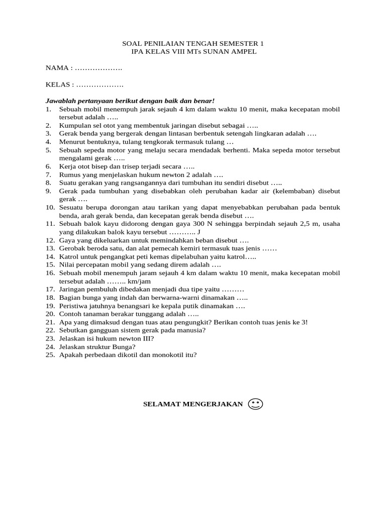 Soal Penilaian Tengah Semester 1 Ipa Kelas Viii 2022 | PDF