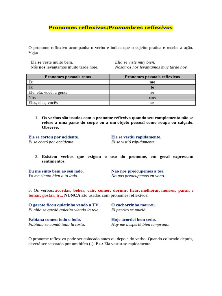 Pronomes Reflexivos Word | PDF