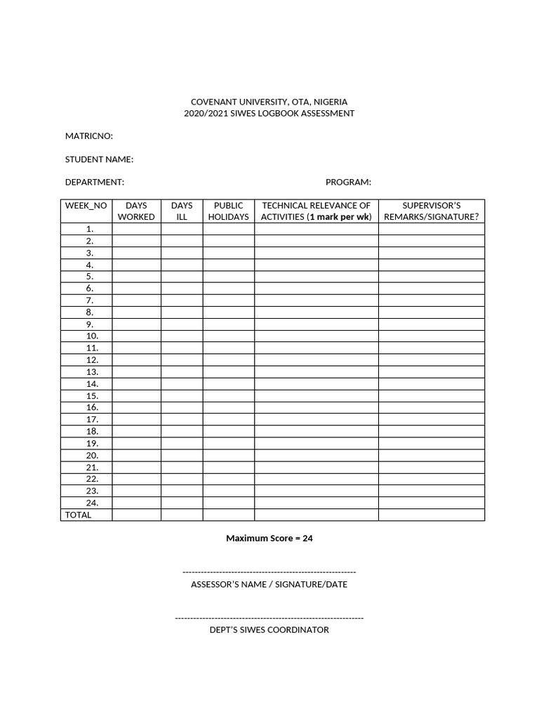 6b. SIWES Logbook Grading Form | PDF