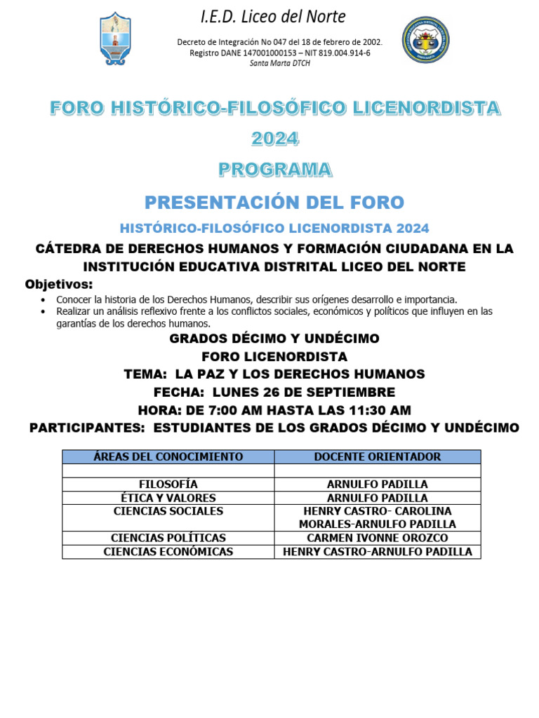 Programa Foro Histórico-Filosófico Licenordista 2024 | PDF