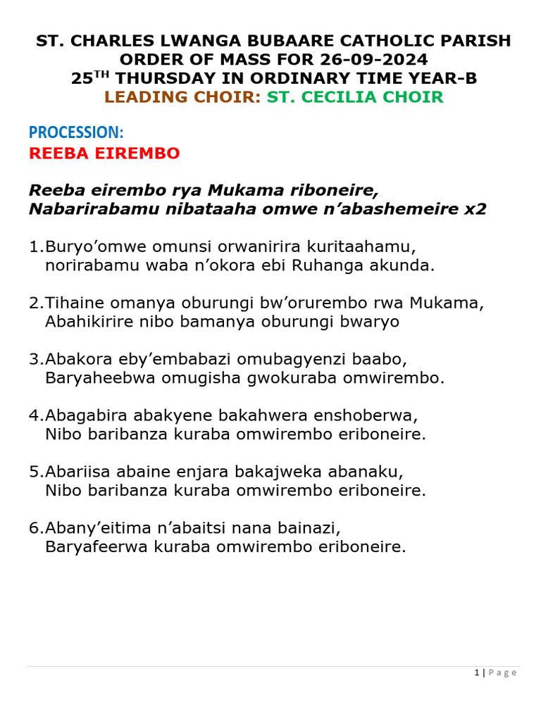 Order of Mass For Thursday 26-09-2024 | PDF