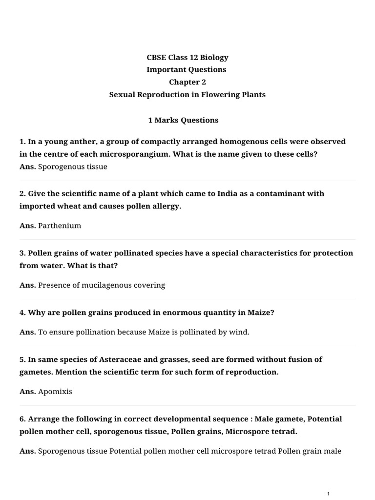 CLASS XII MARKS WISE Important Questions Chapter 1 Sexual Reproduction ...