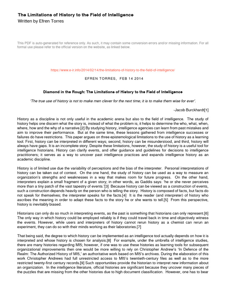The Limitations of History To The Field of Intelligence | PDF