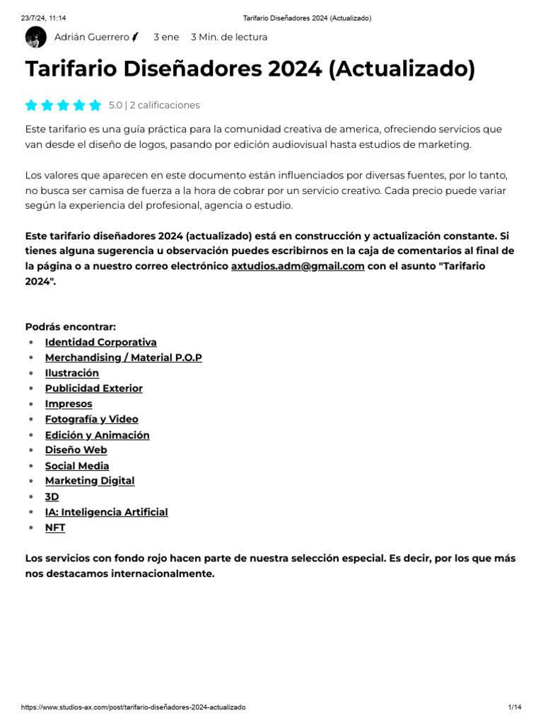 Tarifario Diseñadores 2024 (Actualizado) | PDF