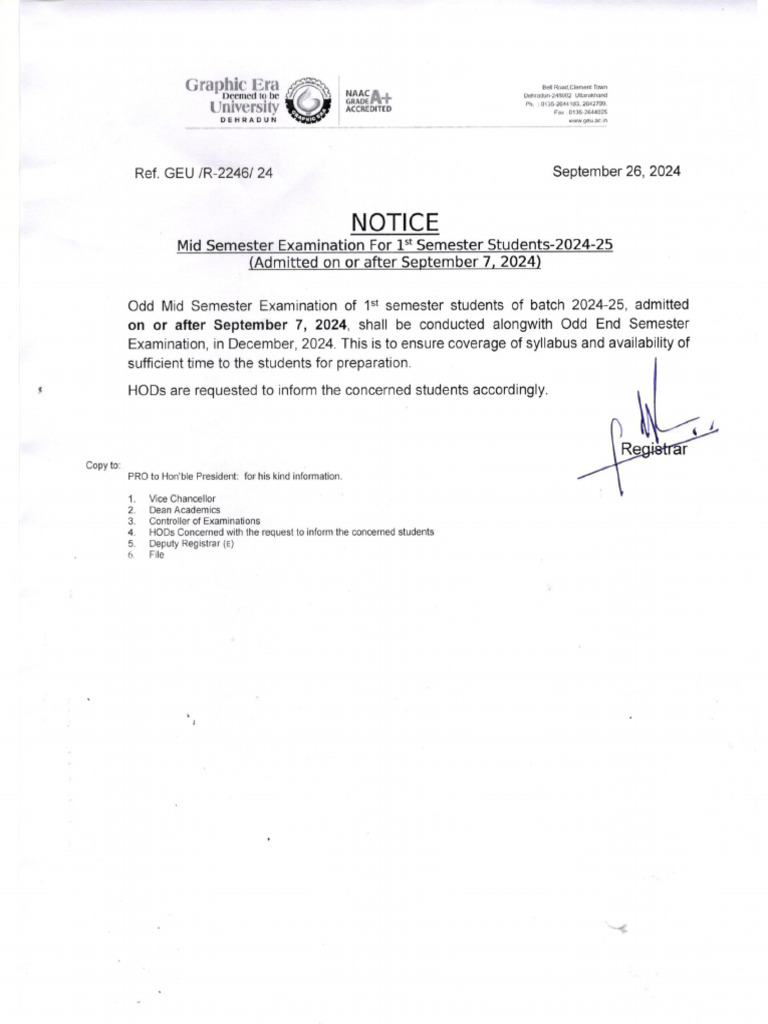 Mid Sem Exam For I Sem Student Admitted On or After 7-9-24 | PDF