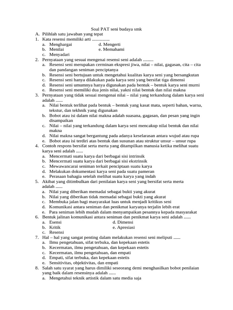 Soal PAT Seni Budaya SMK Kls X 2019 | PDF