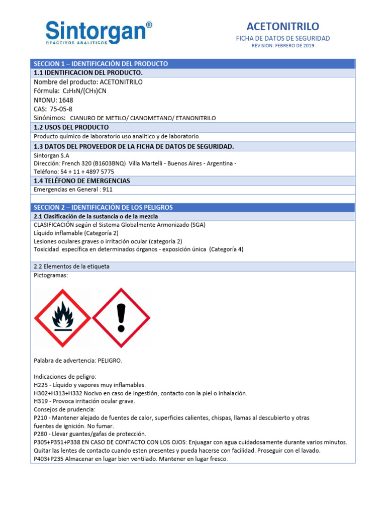 Acetonitrilo Hoja de Seguridad | PDF