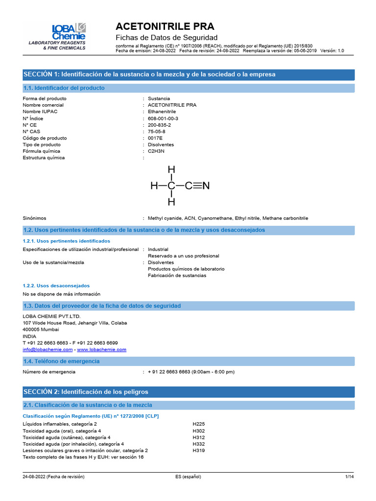 MSDS ACETONITRILE CASNO 75 05 0017E ES - Aspx | PDF